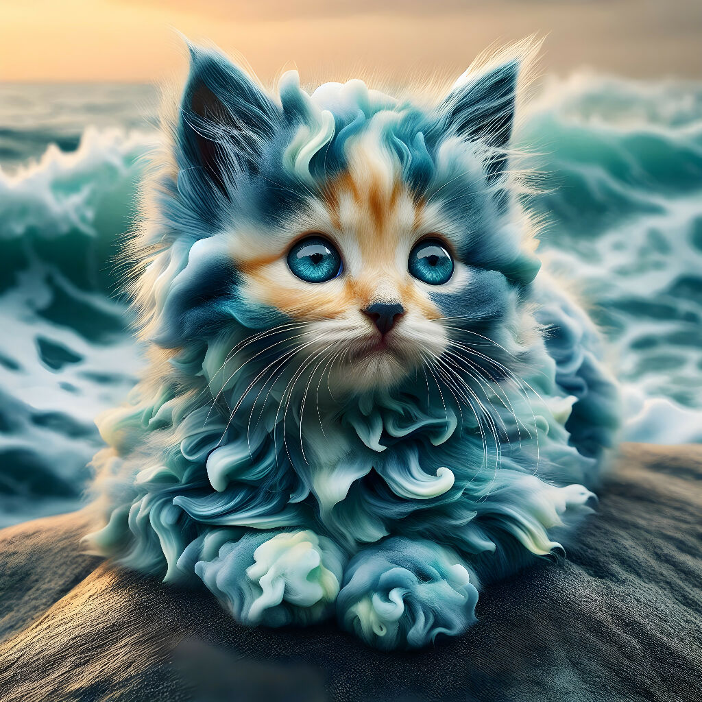 Fluffy Beach Kitten Digital Print Whimsical Ocean Cat Wall Decor, k...