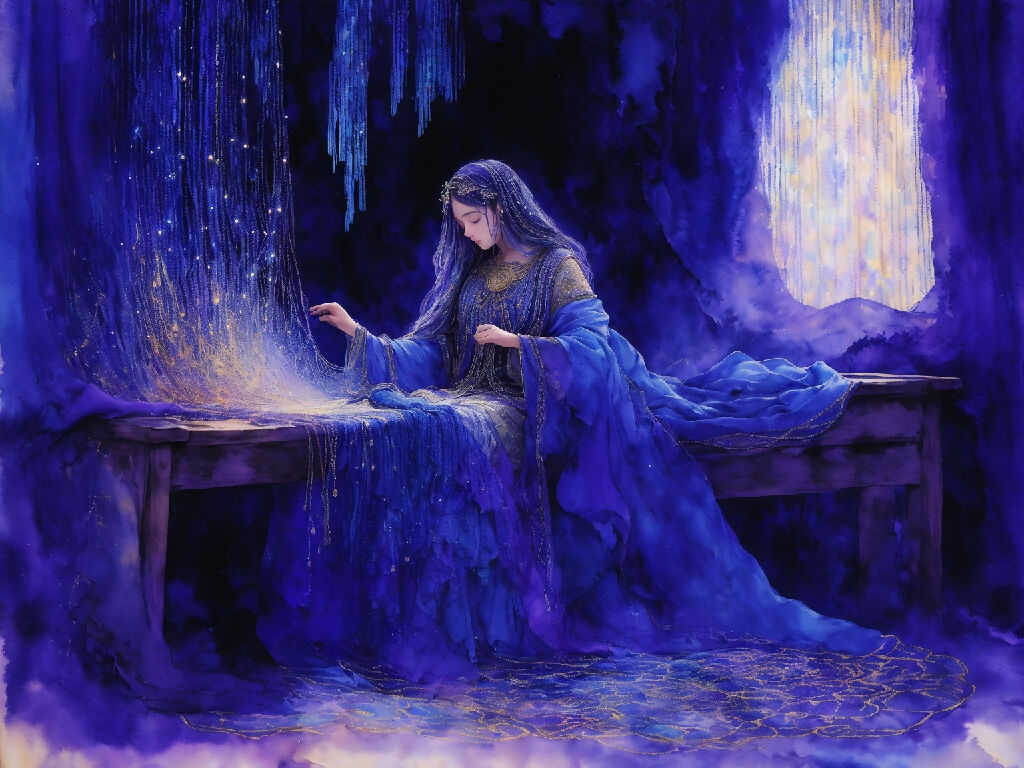 watercolor painting, mystical art, destiny weaver, celestial loom,
