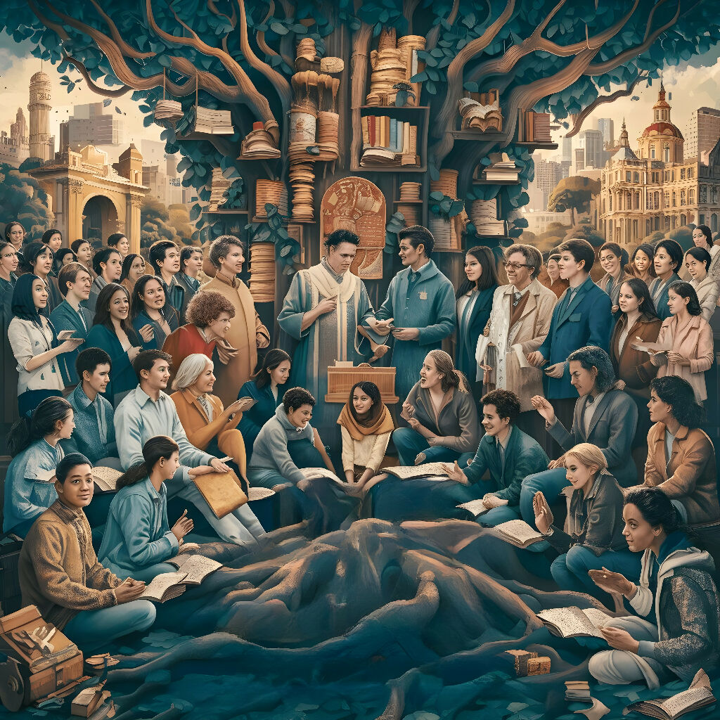Roots of Knowledge: A Gathering of Minds - AI Art Print