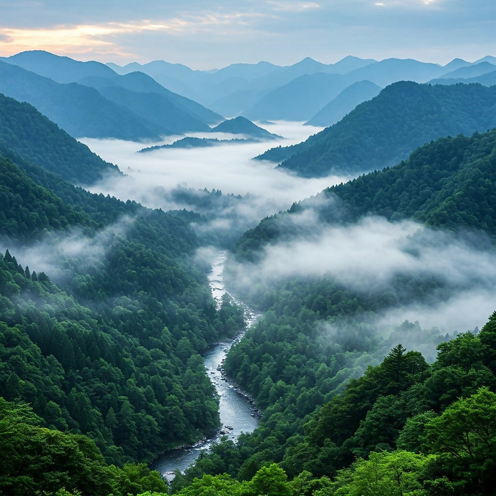 Misty Mountain Valley Vista: Tranquil Nature Landscape