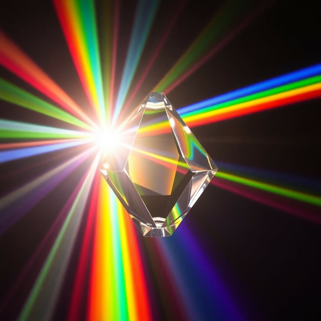 Crystal Prism Refracting White Light into Rainbow Spectrum Rays