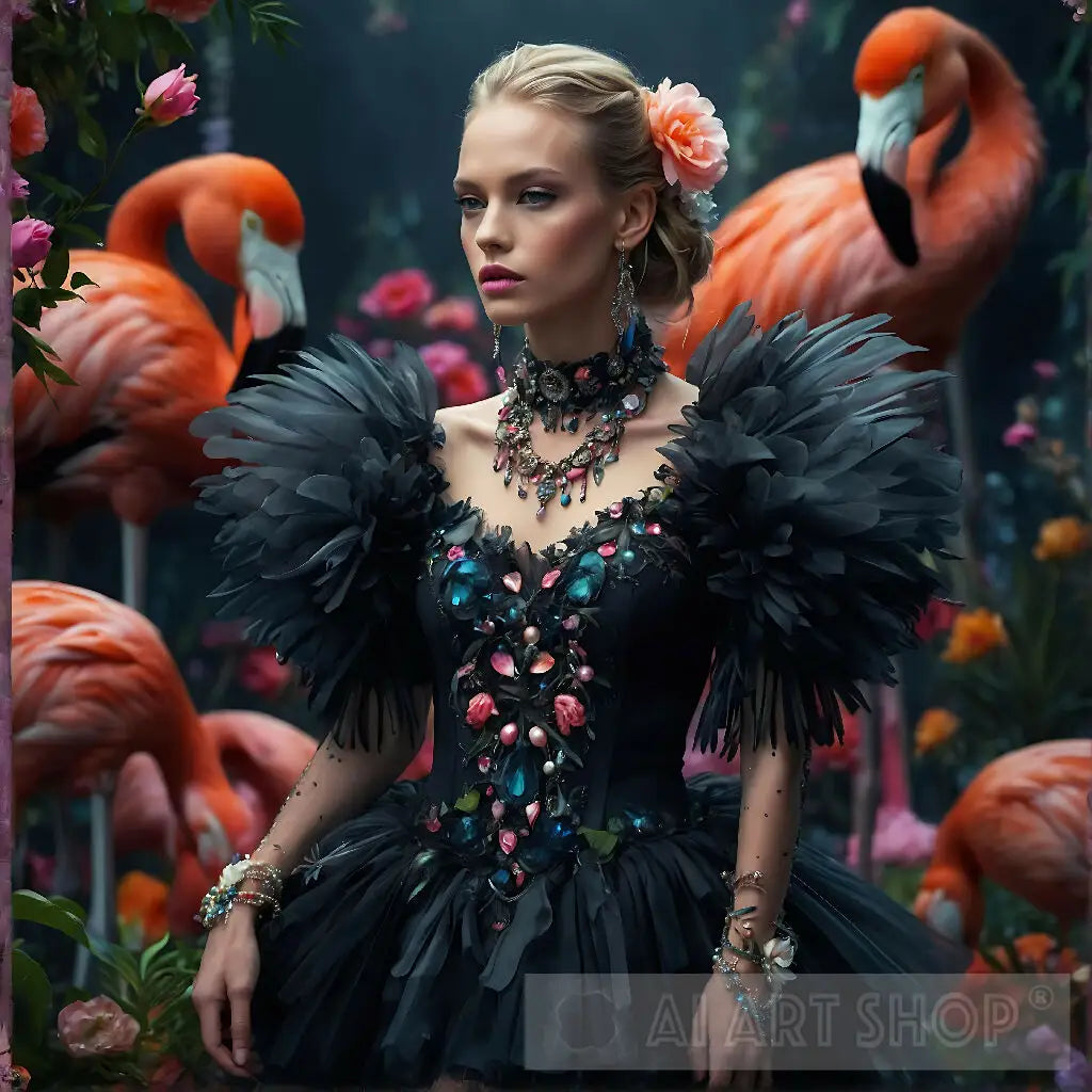 magical fantasy, dark flamingo dress, with translucent sleeves, rib...