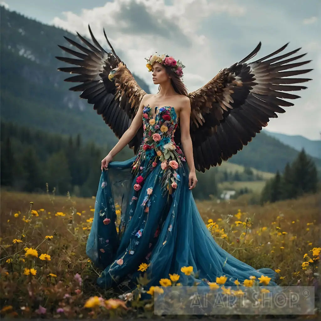 magical fantasy, eagle dress, full of flowers and floral, fantasy d...