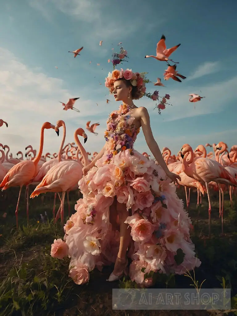 Magical fantasy, flamingo dress, full of flowers and floral, fashio...