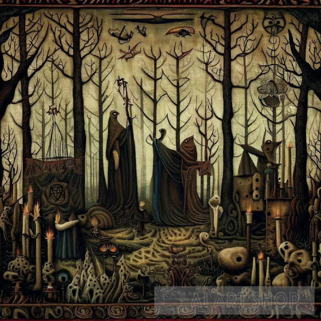 symbolism, tapestry, woodland goth, surrealism