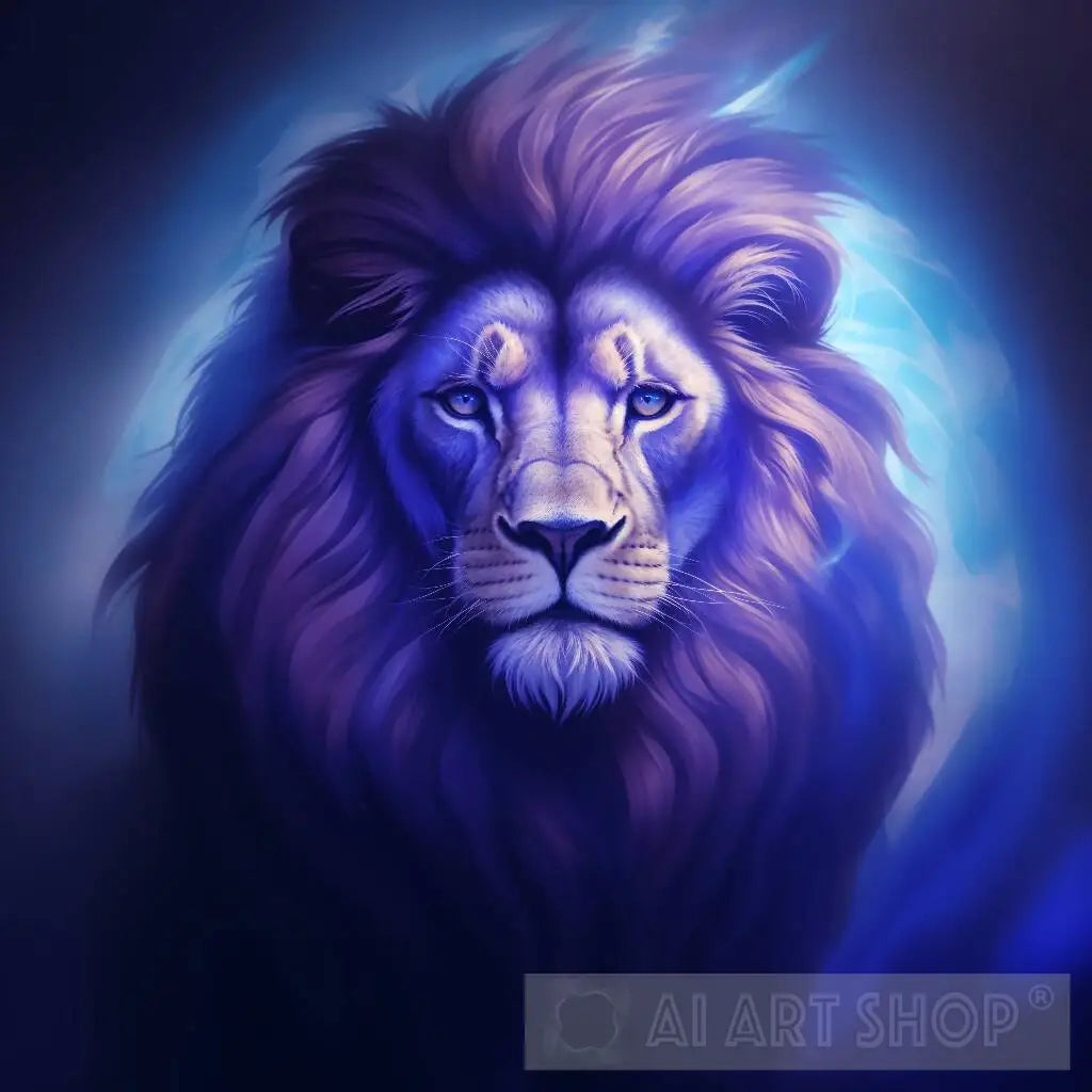 Lion, majestic, mane, blue light, dramatic effect, deep blue backgr...