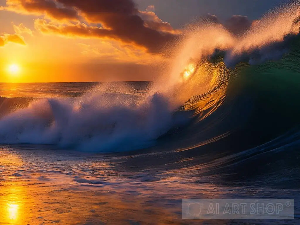 sea, rolling waves, illuminated waves, setting sun, majestic