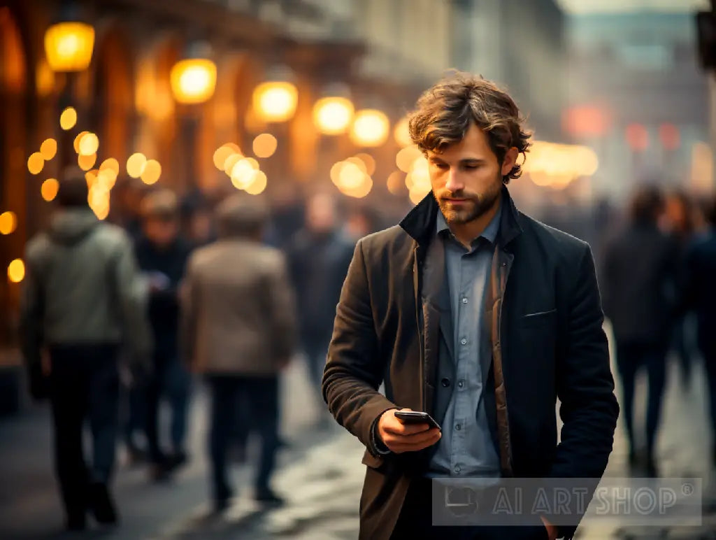 Stylish Man Engrossed in Phone on Dimly Lit Street