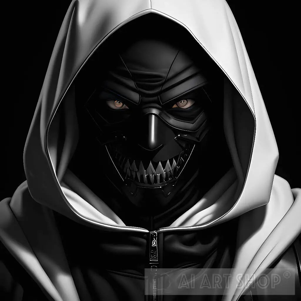 Maniac in a black mask and a white jacket with a hood