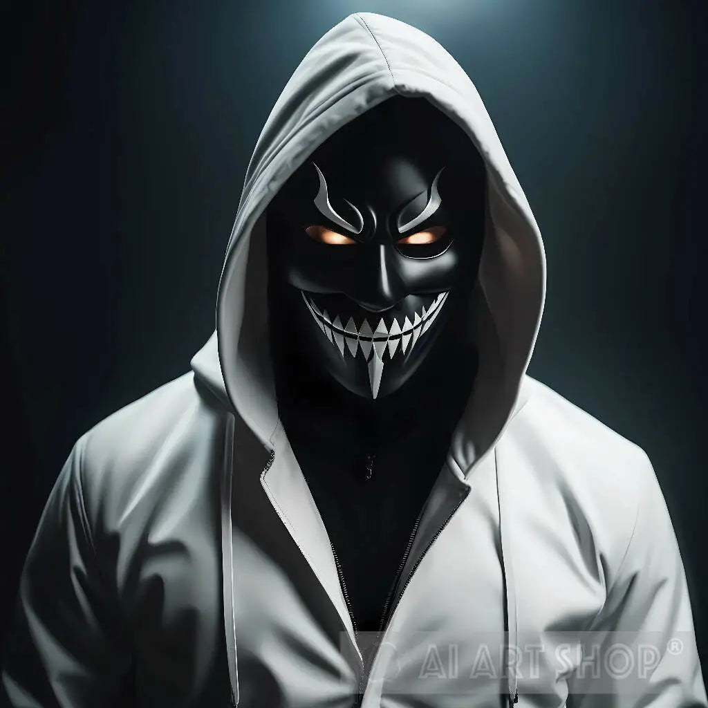 Maniac in a demonic black mask and a white jacket with a hood