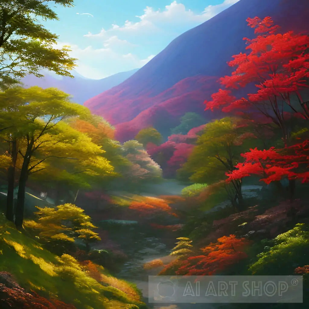 Maple Mountain Serenity: An Exquisite Watercolor Painting