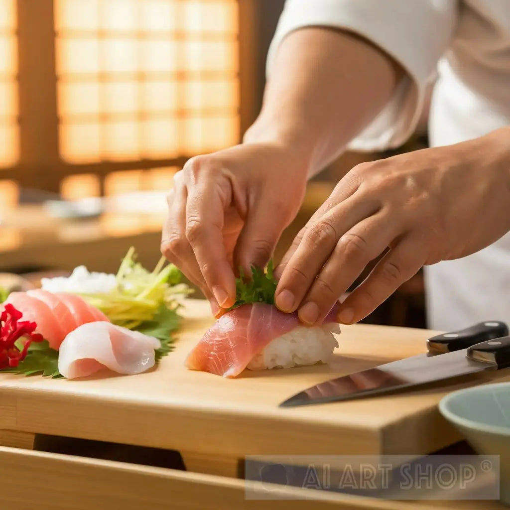 Sushi Chef's Art: A Close-Up Look at Masterful Hands