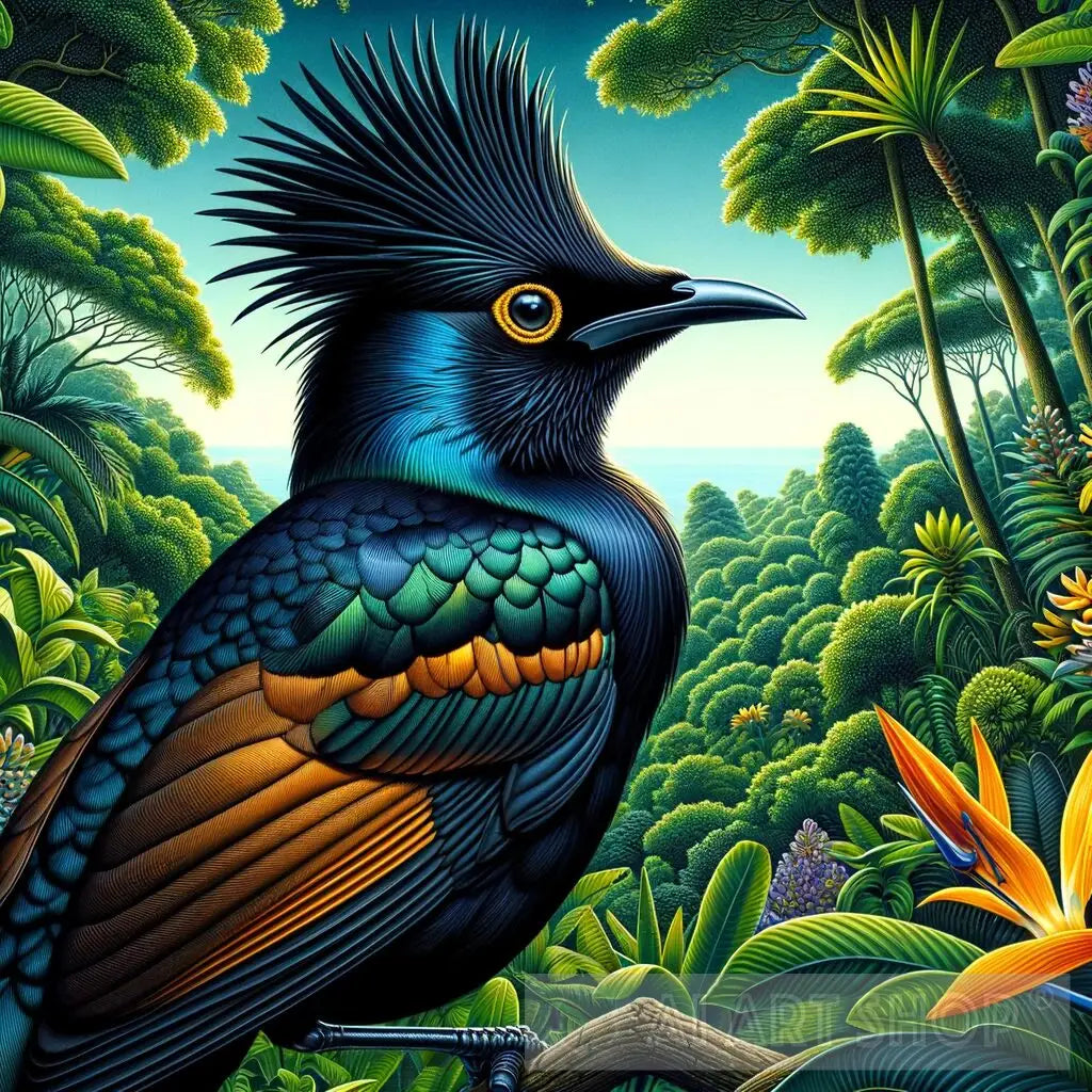 Crested Bird, Iridescent Plumage, Tropical Jungle, Bird-of-Paradise...