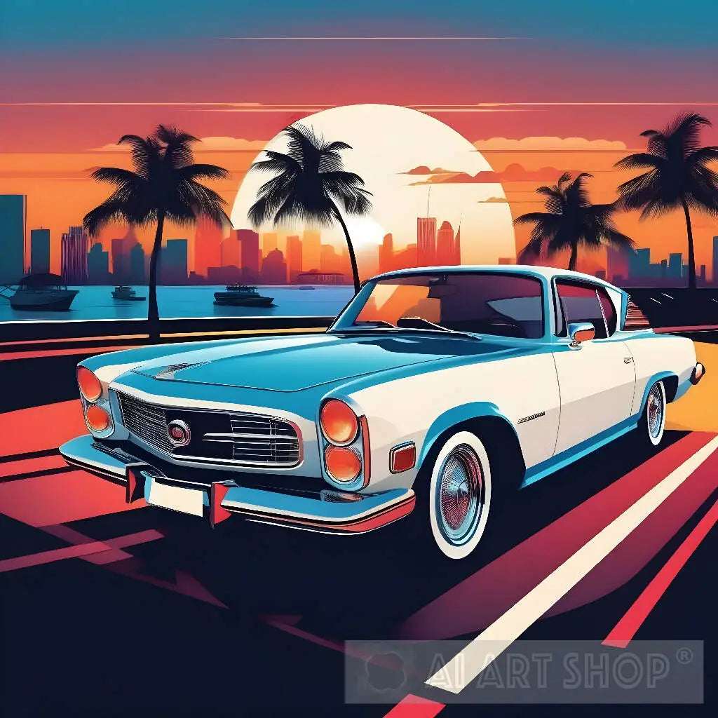 Miami city, city, car, classic car, sunset, car, palm tree,
