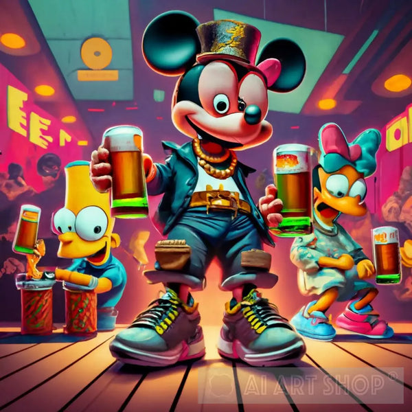 Mickey Mouse and the Simpsons in night club