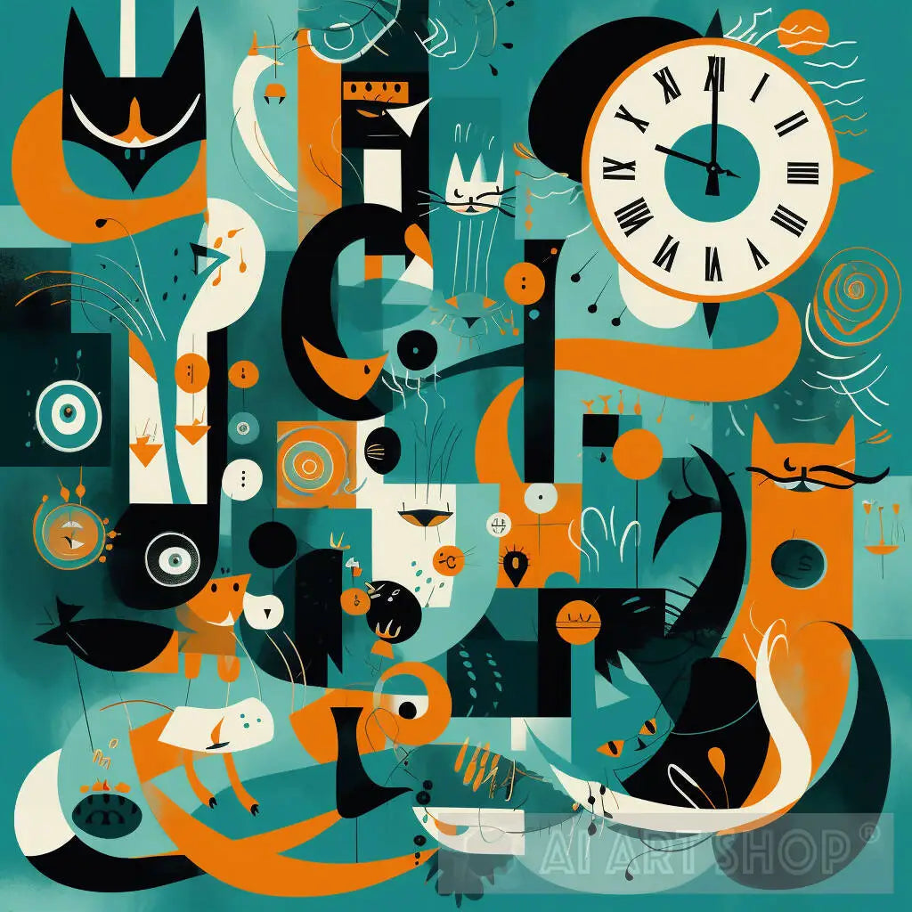 Cats, Clocks, Orange Abstract Shapes, Mid-century Illustration ,Ato...