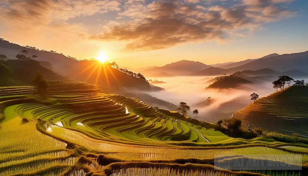 Misty Rice Terraces and Mountain Range