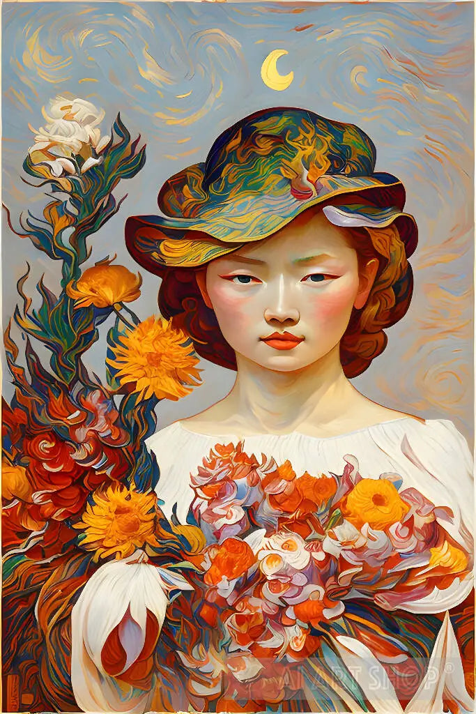 mixed art, woman with flowers, woman, painting, flowers, portrait,