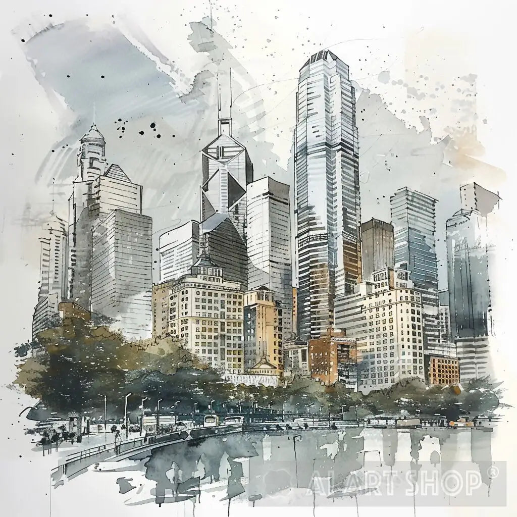 Modern Metropolis: Watercolor Urban Skyline