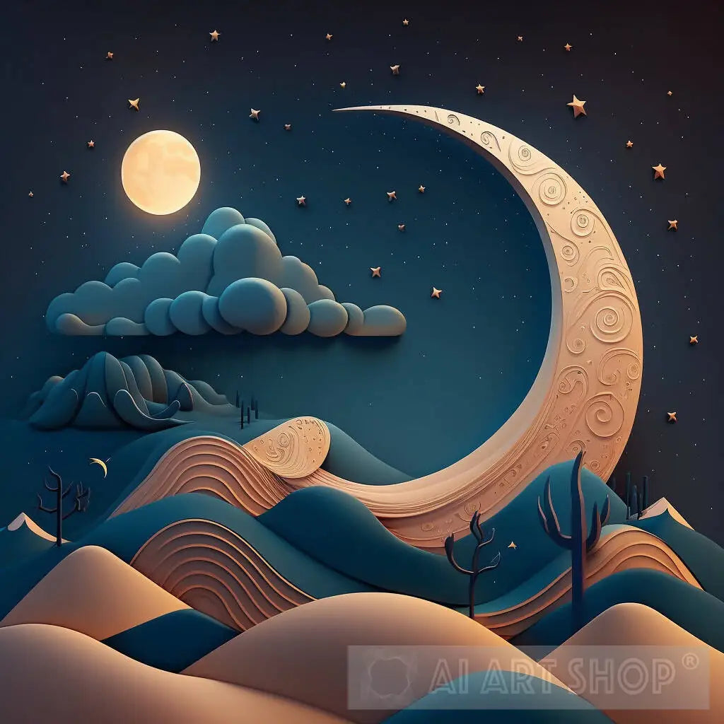 a night sky with clouds and moon on a blue night, in the style of d...
