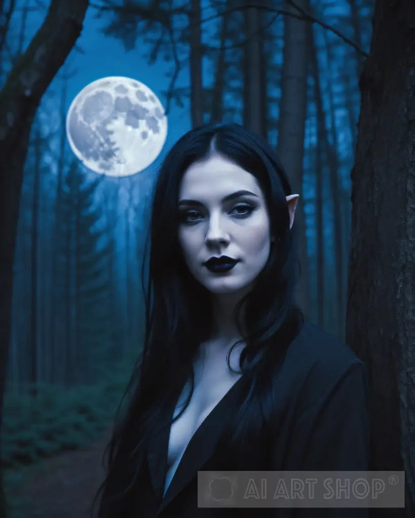 portrait, female, moon, elf, gothic, long hair, black, forest, nigh...