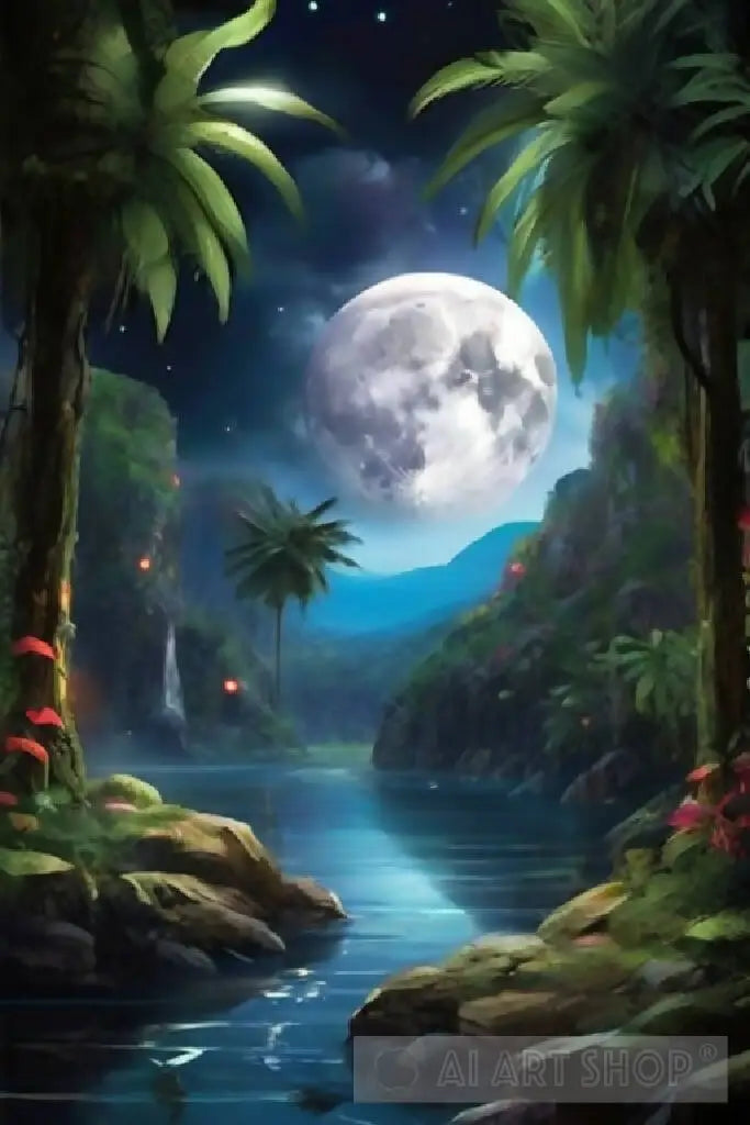 Moonlit Jungle Serenity: Night Sky Artwork