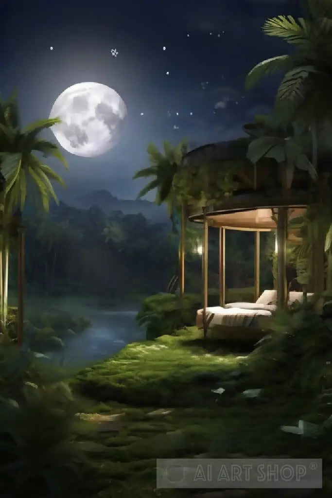 Moonlit Jungle Serenity: Night Sky Artwork