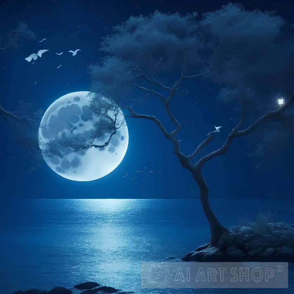 moonlight with beautiful natural trees and blue sea with flying birds