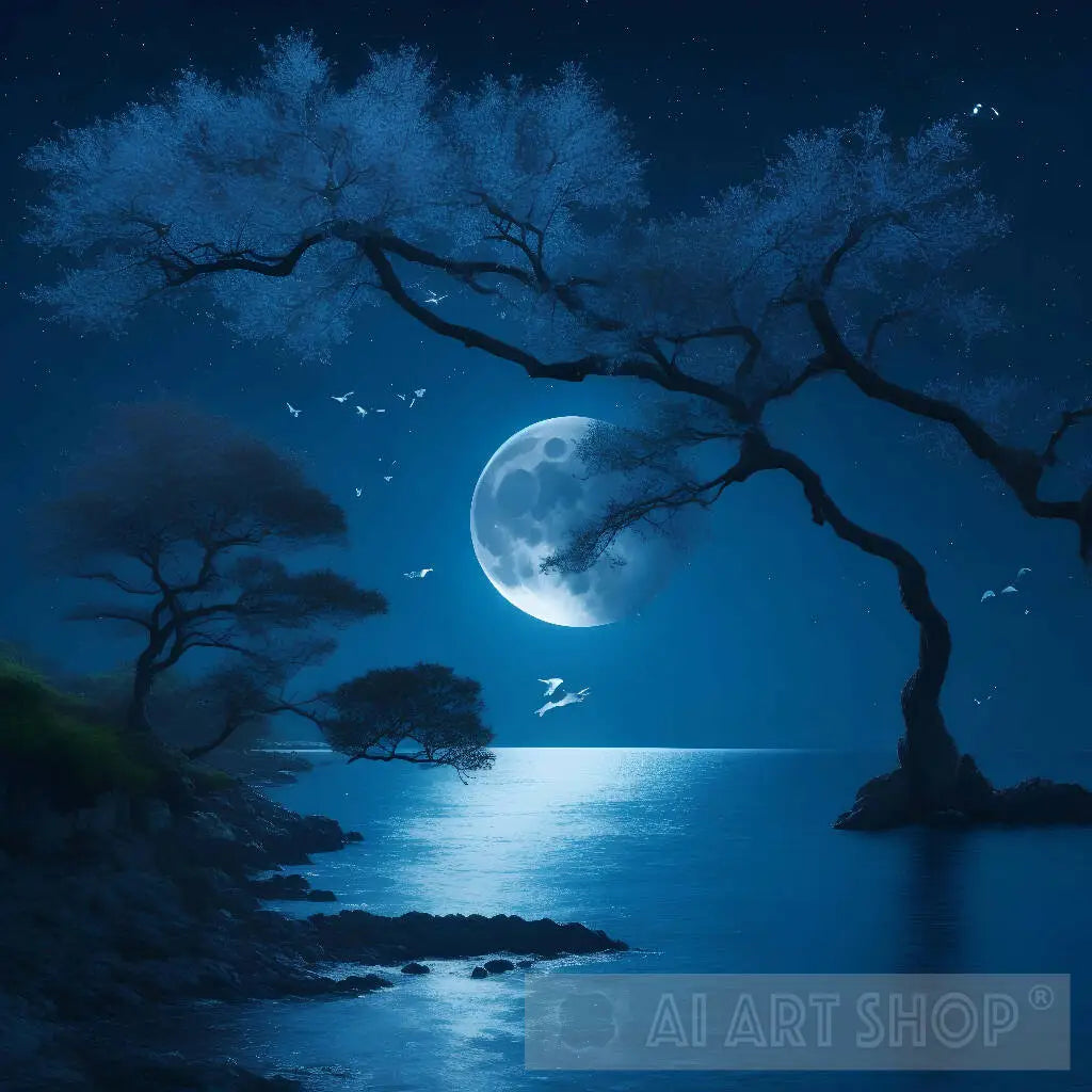 moonlight with beautiful natural trees and blue sea with flying birds