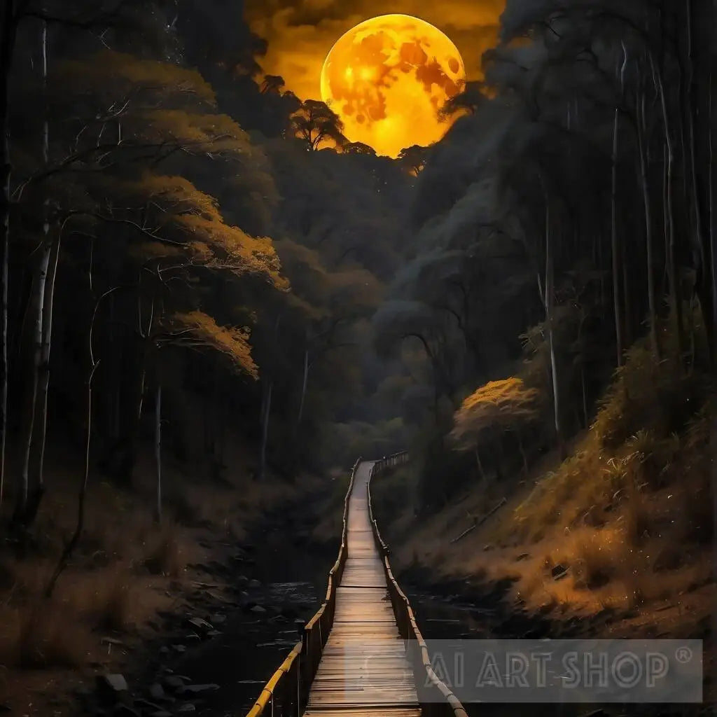 bridge, forest, moon, night, nature, stream, moonlight, trees, path