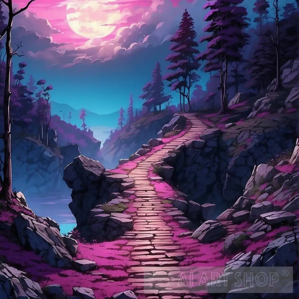 painting, landscape, mountains, moon, path, flowers, trees, night,