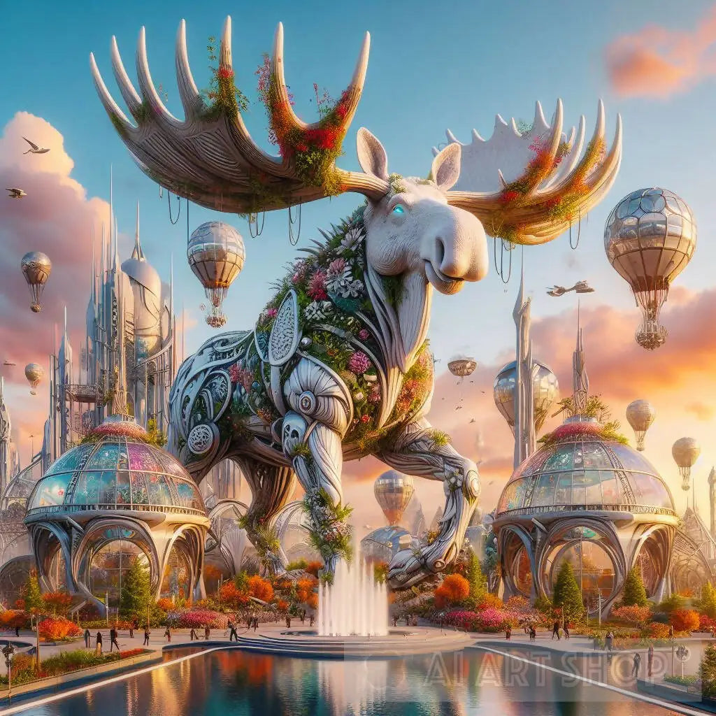 moose city fantasy digital art sunset fountain