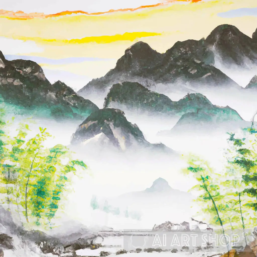 Chinese paint brush misty landscape art painting in vivid colors