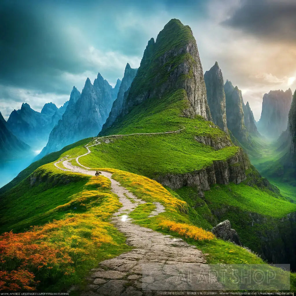 medieval, fantasy, road, path, rocky, mountains, horse, green, blue...