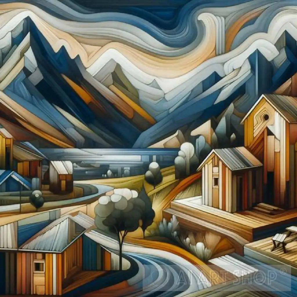 Mountain village snow wooden huts abstract painting art
