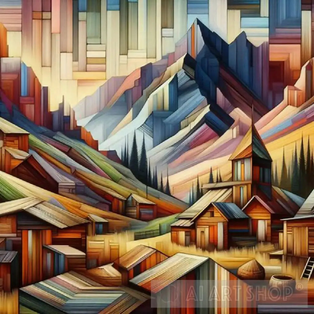 Mountain village snow wooden huts abstract painting art