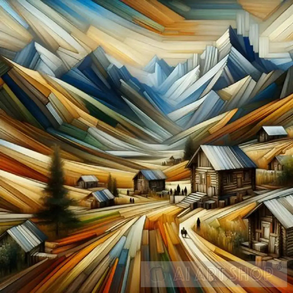 Mountain village snow wooden huts abstract painting art