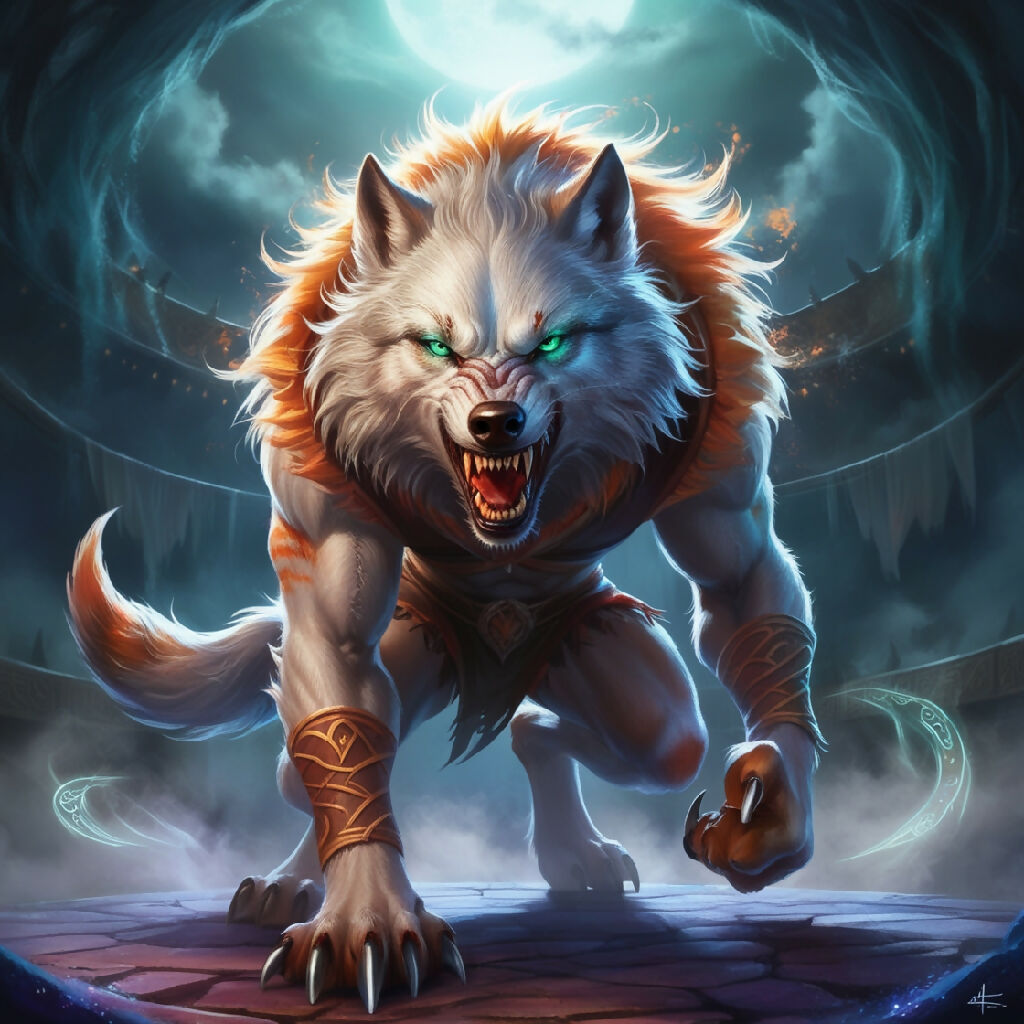 Werewolf Fighter, Vibrant Digital Art, Mythic Atmosphere, Moonlit S...