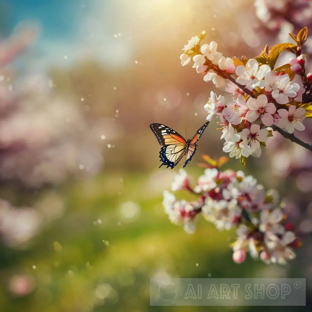 Nature scene with blooming trees Spring flowers and flying butterflies