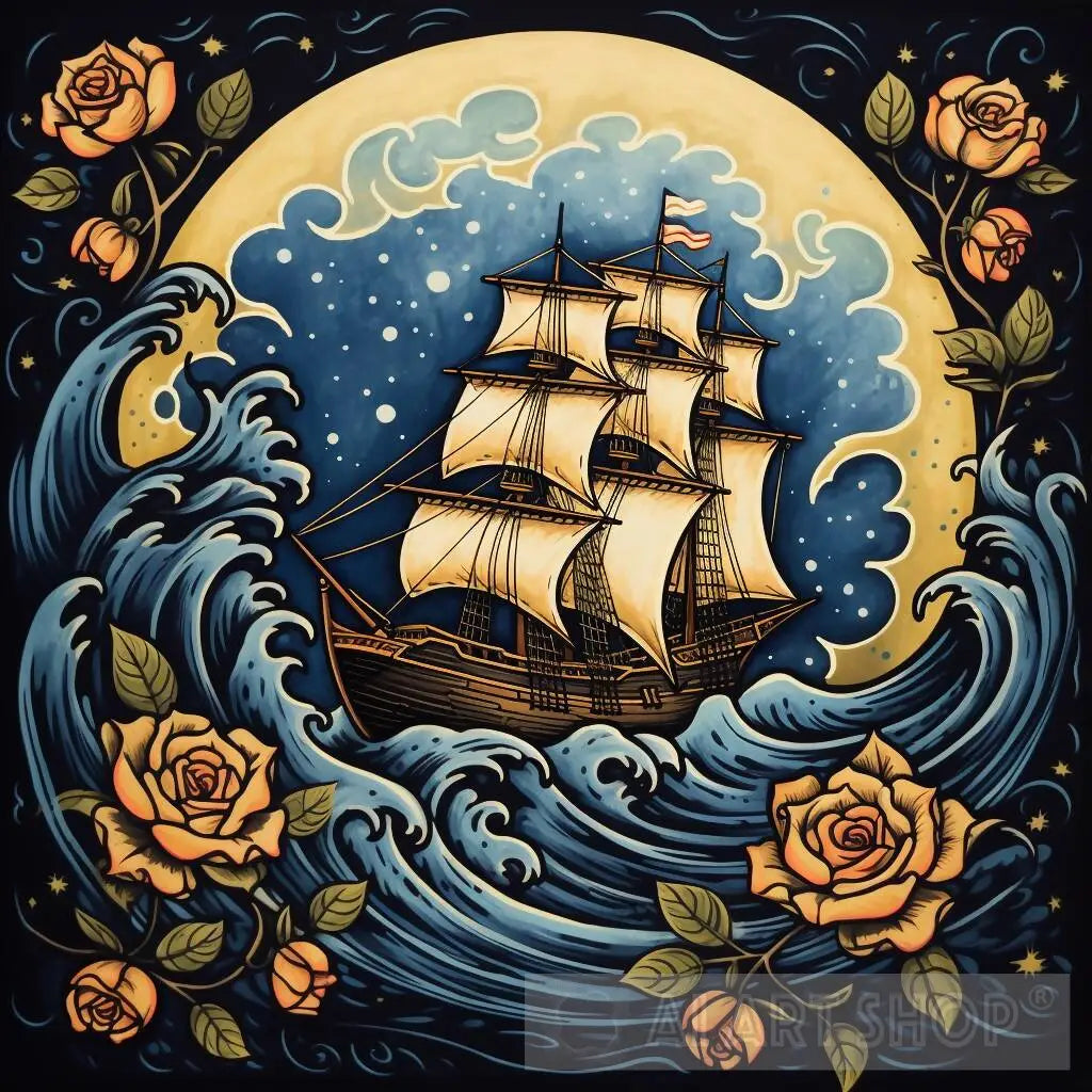 Nautical Night: Stunning Artistic Image of a Sailing Ship on the Sea