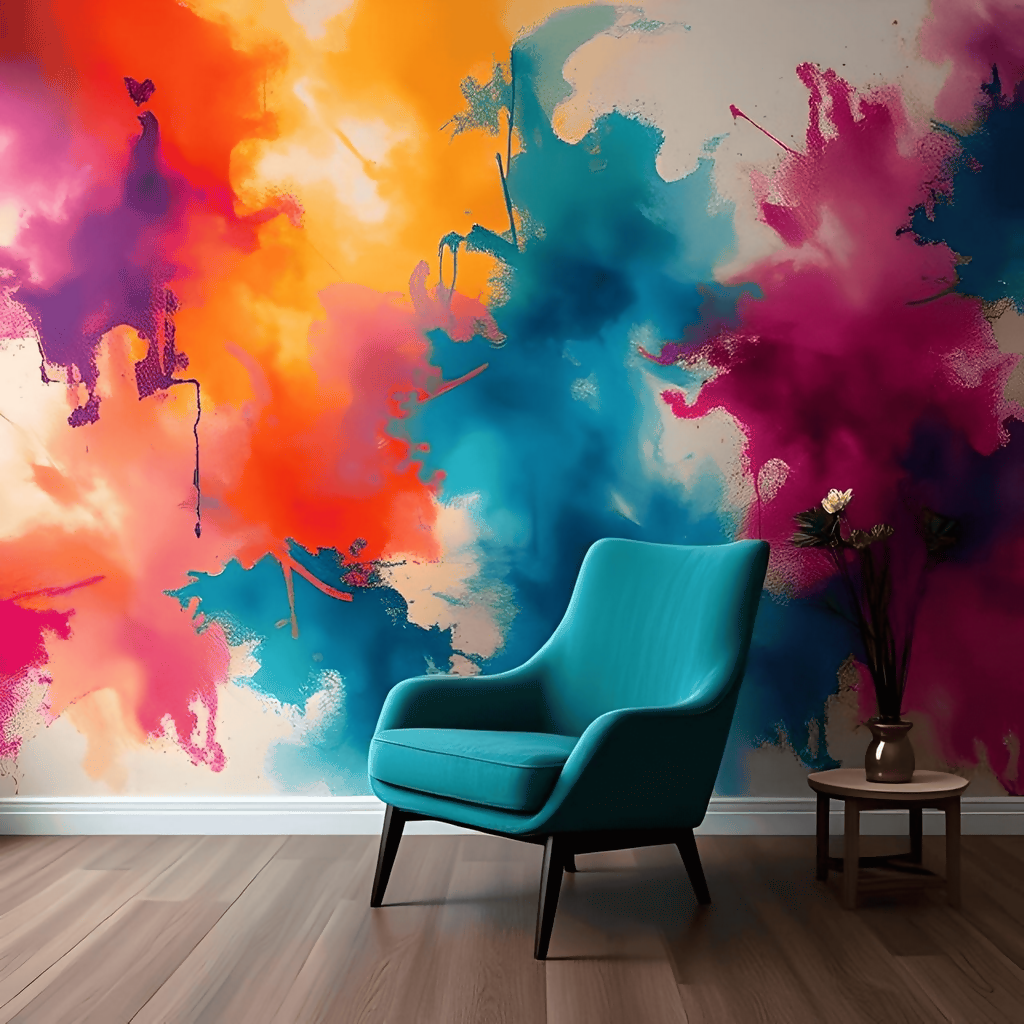 Colorwave Corner – AI Art of Abstract Mural in Modern Interior