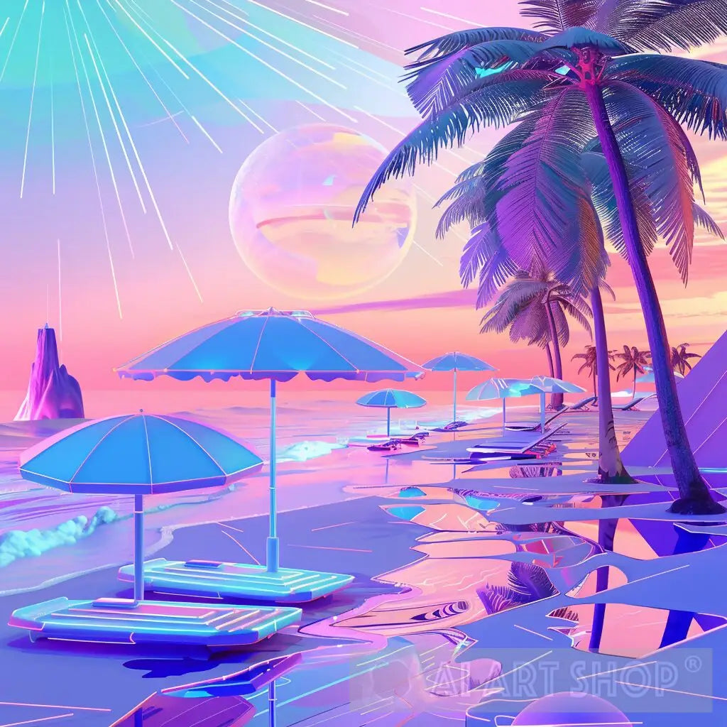 Neon Beach Scene - Vaporwave Art Deco