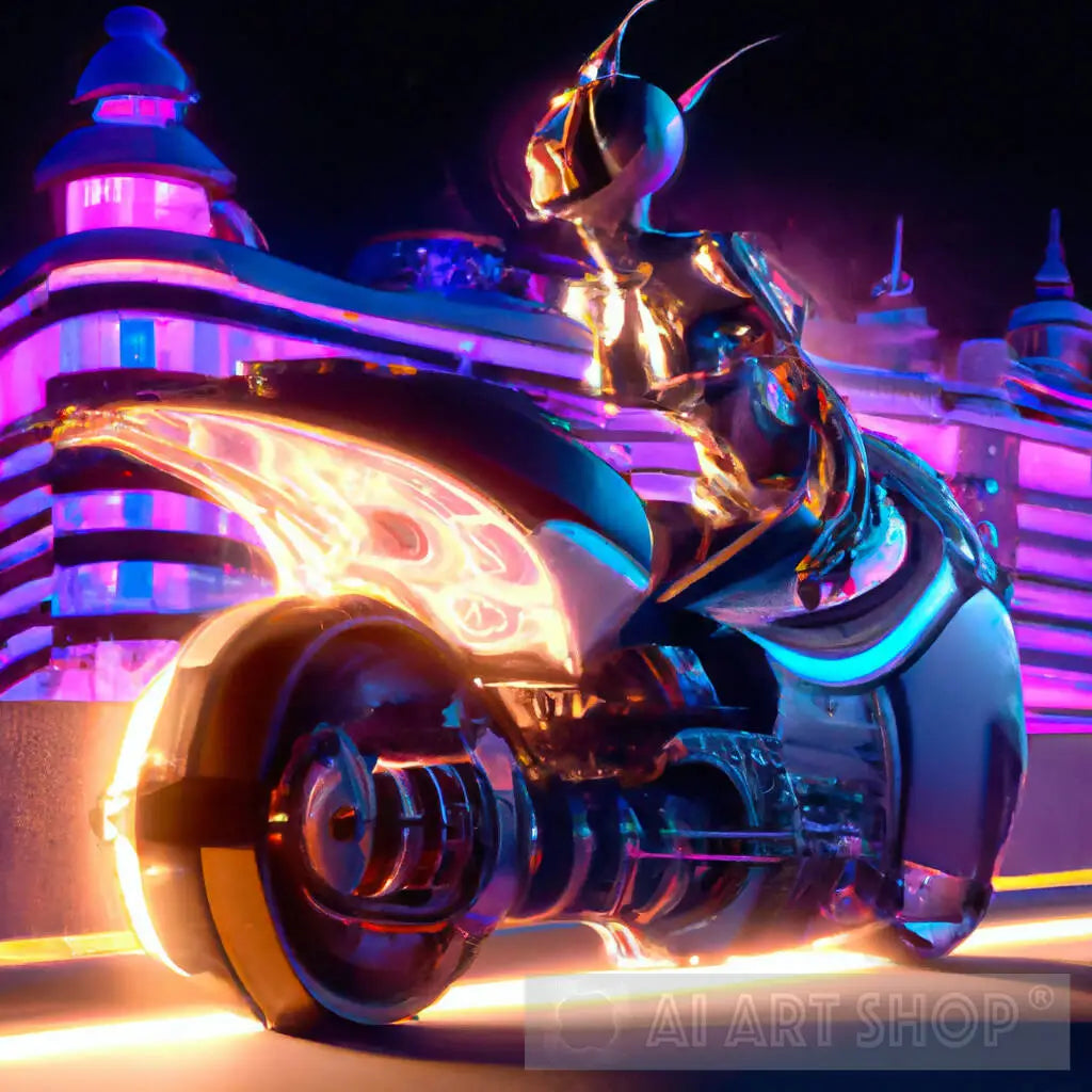 No Look Rider: AI art; beautiful female robot, dressed in a bikini,...