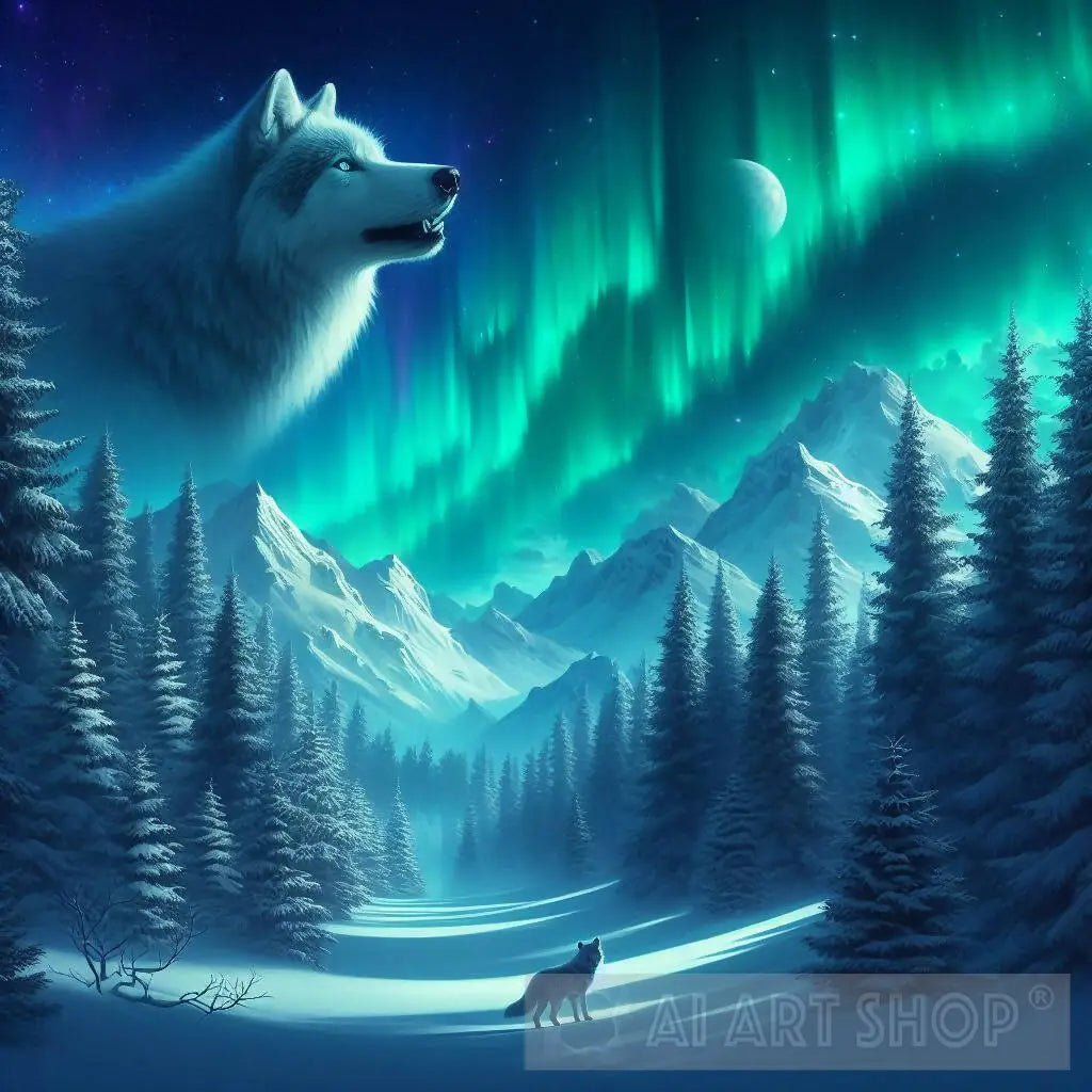Northern lights with wolves