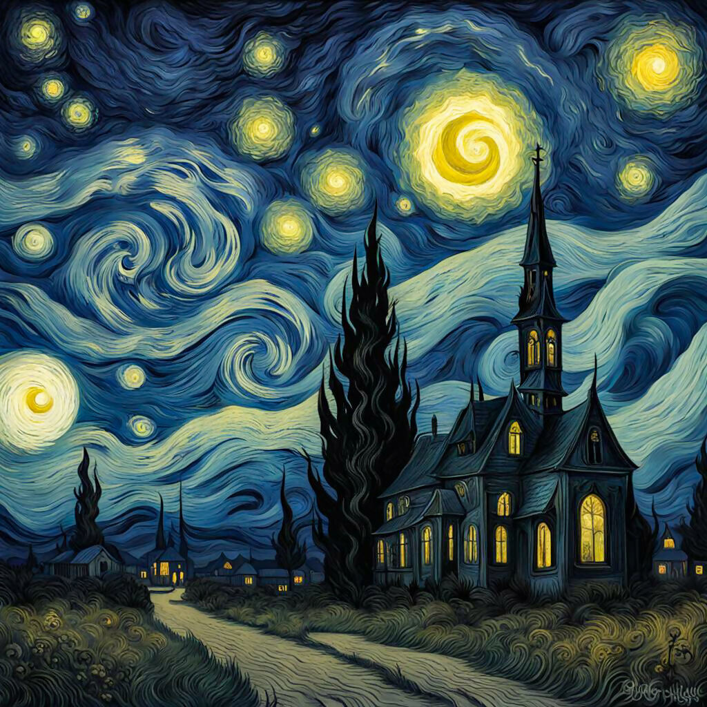 starry night gothic church art