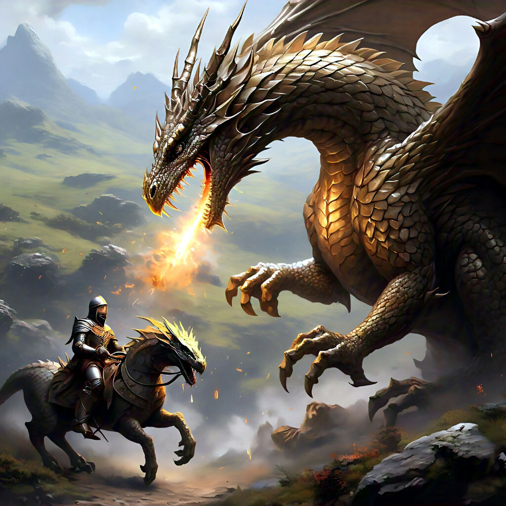 Inferno Duel Fantasy AI Art – Surreal Dragon vs Knight Scene for Wa...