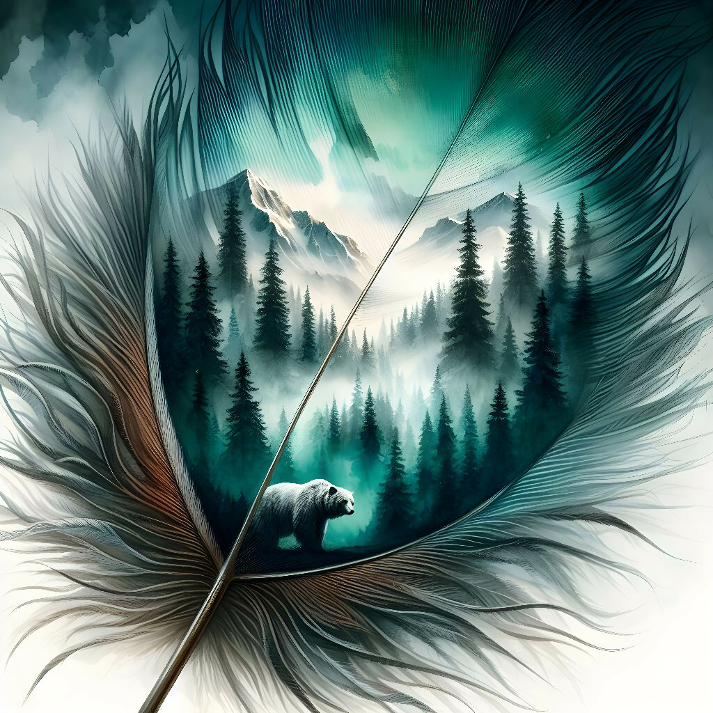 Detailed Feather Forest Scene Mountain Bear Digital Art for Wall De...