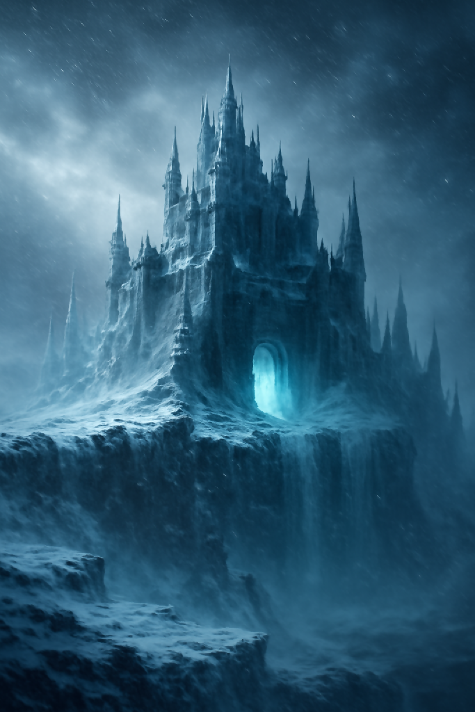 “Frozen Citadel of Eternal Winter – Fantasy Collectible Poster”