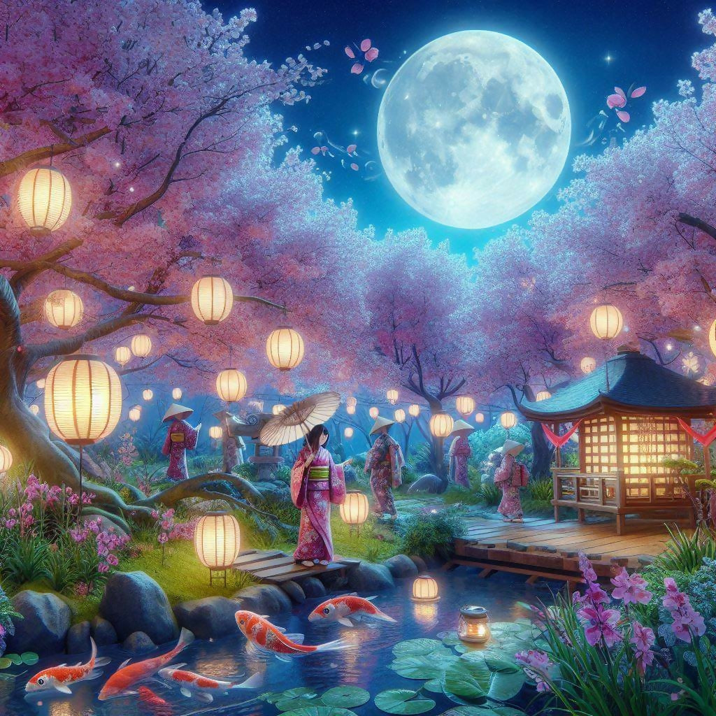 Japanese Festival During a Full Moon with Blossoming Cherry Blossoms a