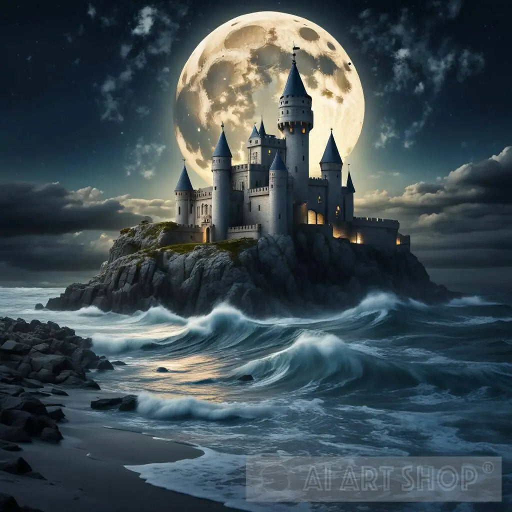 ocean, castle, moon, moonlight, sea, stars